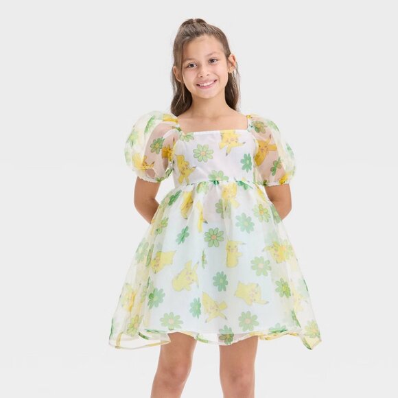 Pokemon | Dresses | New Girls Pikachu Organza Puff Sleeve Dress Ivory ...